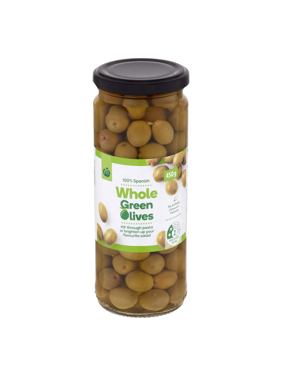 WOOLWORTHS OLIVES GREEN WHOLE 450G – Village Grocer - Queens Waterfront